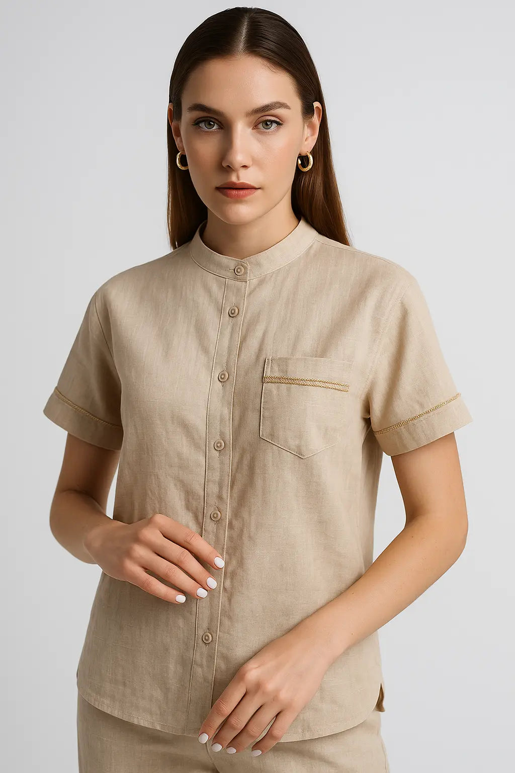 Camicia coreana con taschino e passamaneria in 100% lino - DORABELLA ...